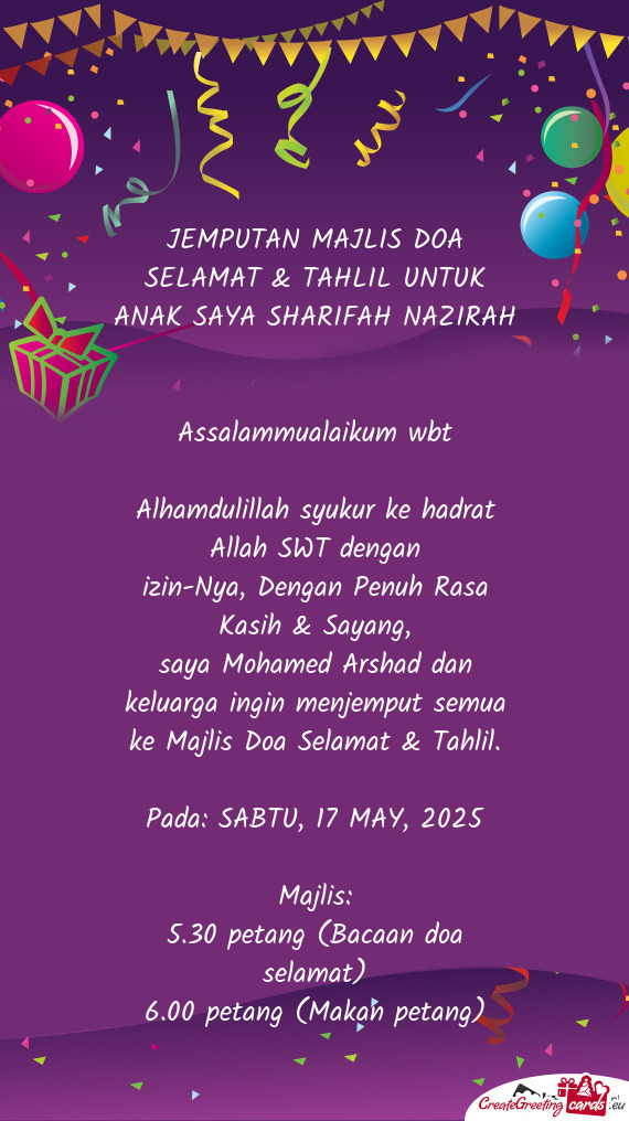 JEMPUTAN MAJLIS DOA SELAMAT & TAHLIL UNTUK ANAK SAYA SHARIFAH NAZIRAH 💜 - Free cards
